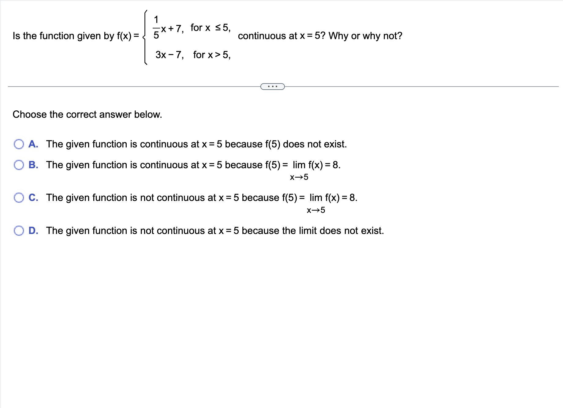 Solved Is the function given by f(x)={51x+7,3x−7, for x≤5, | Chegg.com