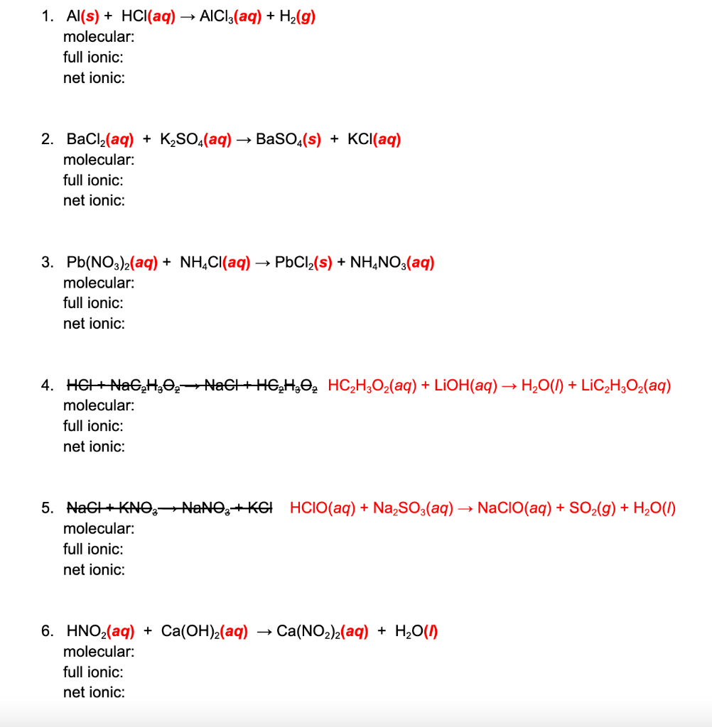 1. Al(s) + HCl(aq) → AlCl3(aq) + H2(g) molecular: | Chegg.com