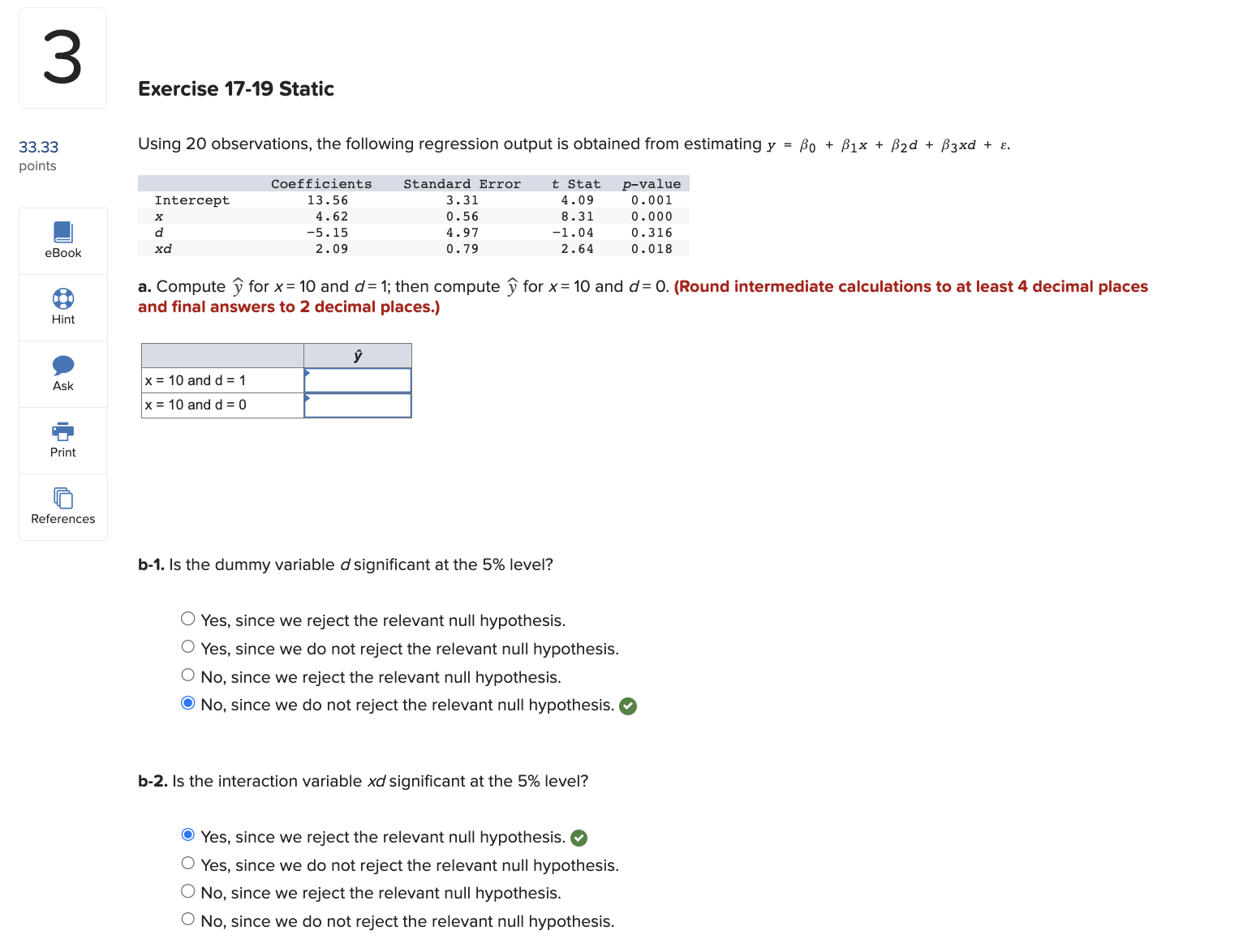 Solved Exercise 17-19 StaticUsing 20 observations, the | Chegg.com