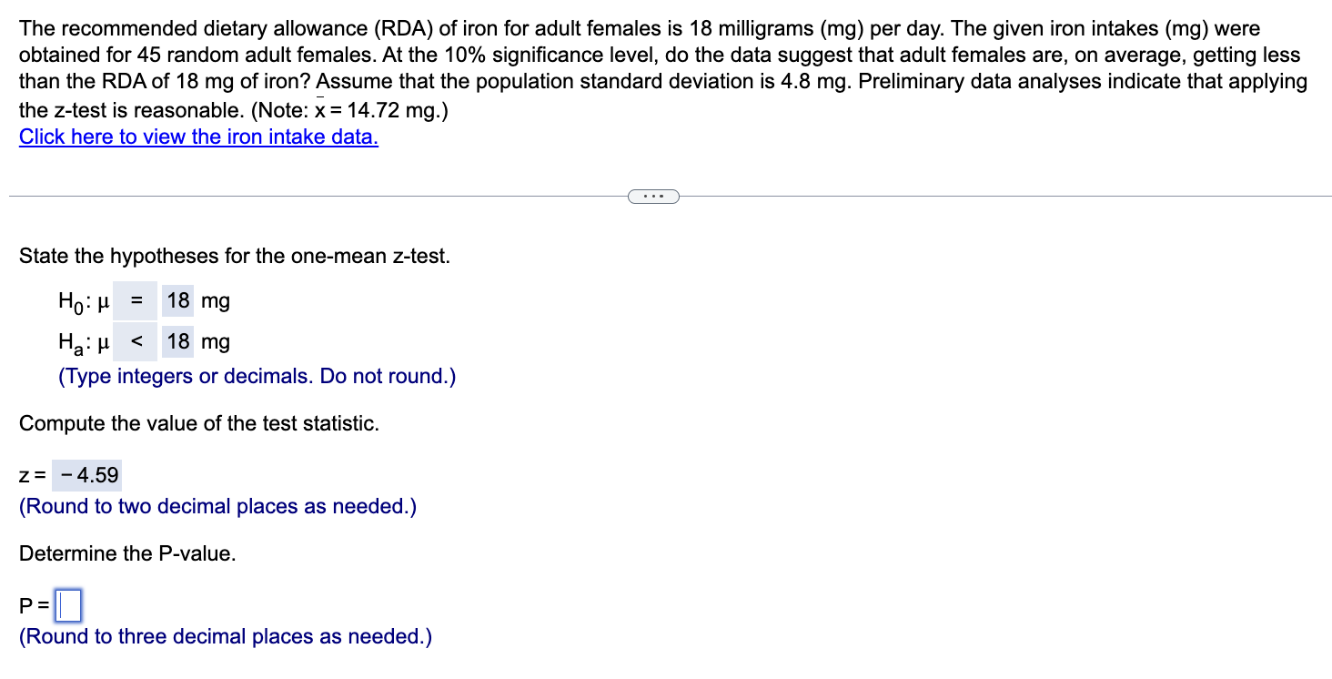 Solved The recommended dietary allowance (RDA) of iron for | Chegg.com