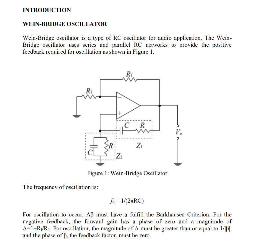 INTRODUCTION WEIN-BRIDGE OSCILLATOR Wein-Bridge | Chegg.com