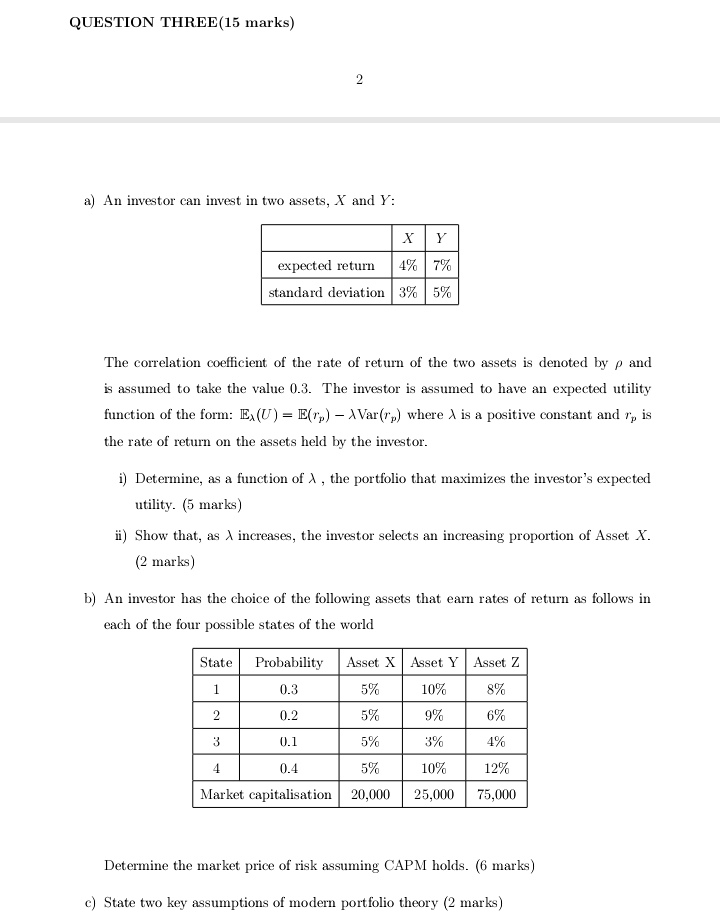 Solved a) ﻿An investor can invest in two assets, x ﻿and Y | Chegg.com
