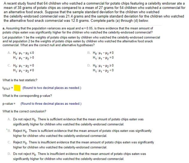 Solved A recent study found that 64 children who watched a | Chegg.com