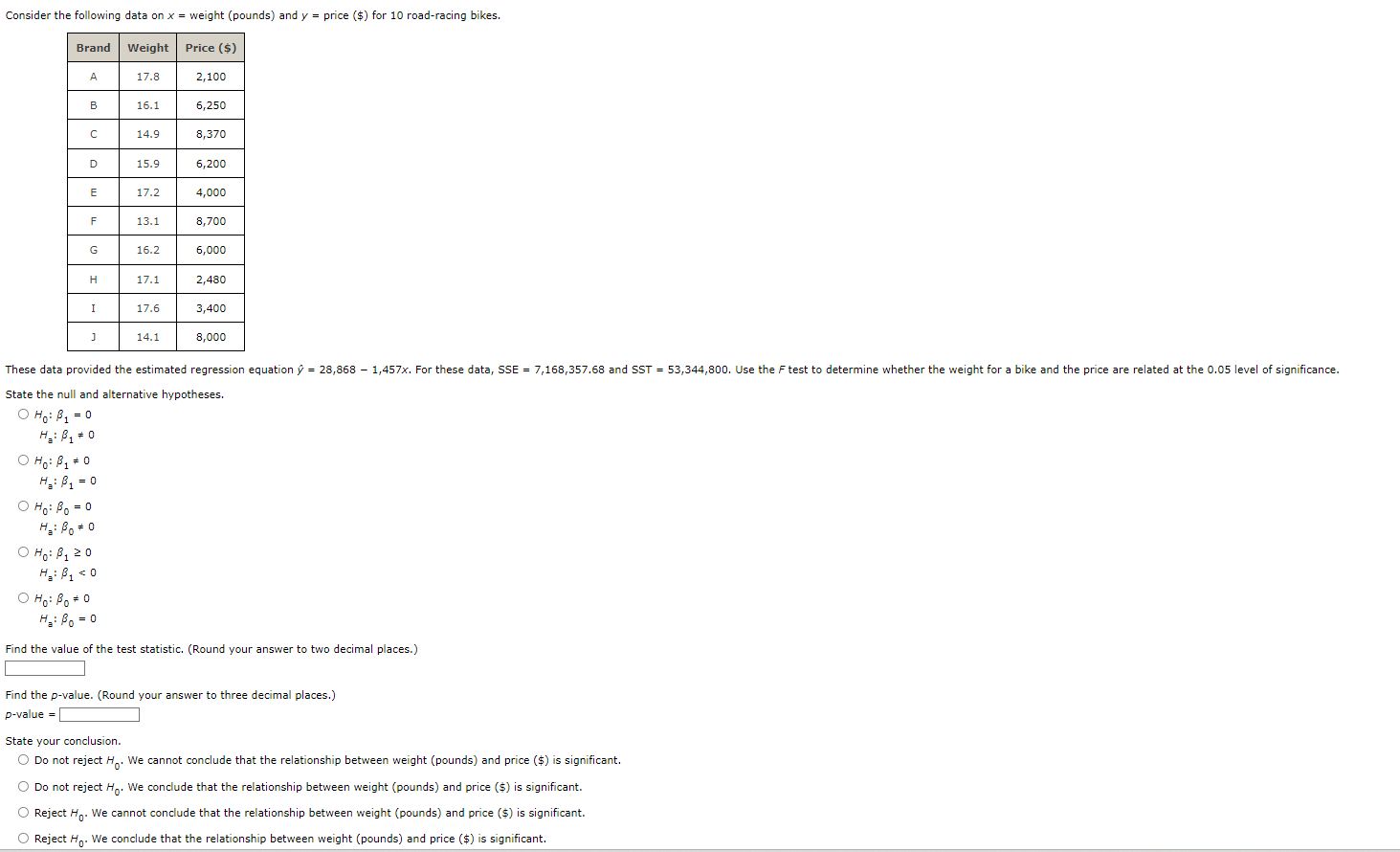 Solved Consider the following data on x= weight (pounds) and | Chegg.com
