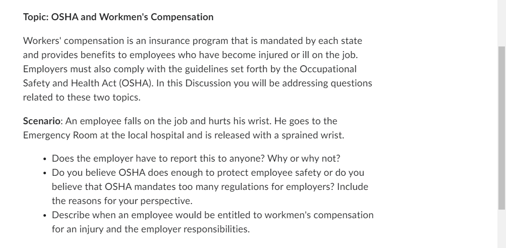 Solved Topic: OSHA and Workmen's Compensation Workers' | Chegg.com