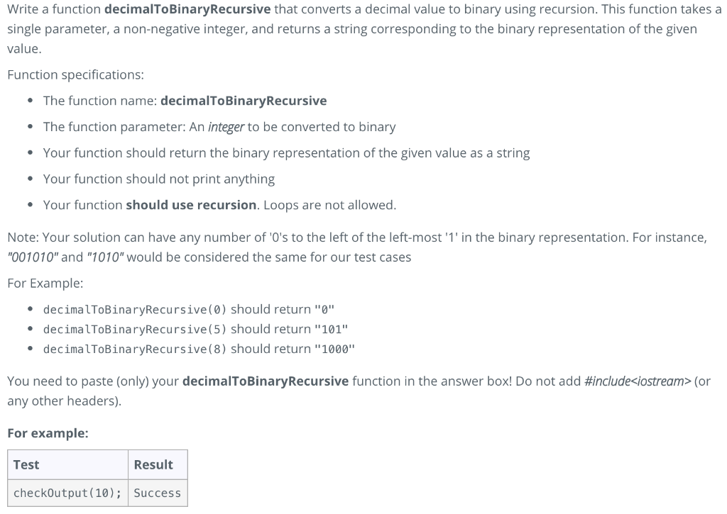 Solved Write a function decimalToBinaryRecursive that | Chegg.com