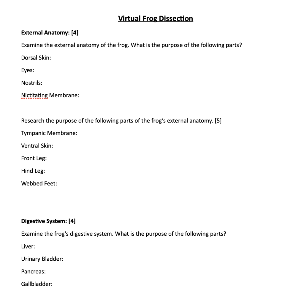 Solved Virtual Frog Dissection External Anatomy: [4] Examine | Chegg.com