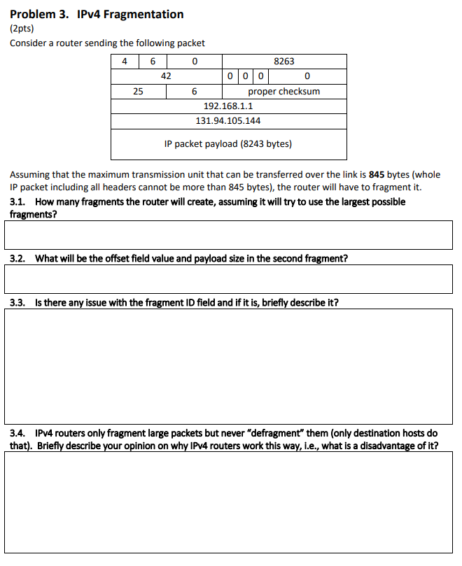Solved Problem 3. IPv4 Fragmentation (2pts) Consider a | Chegg.com