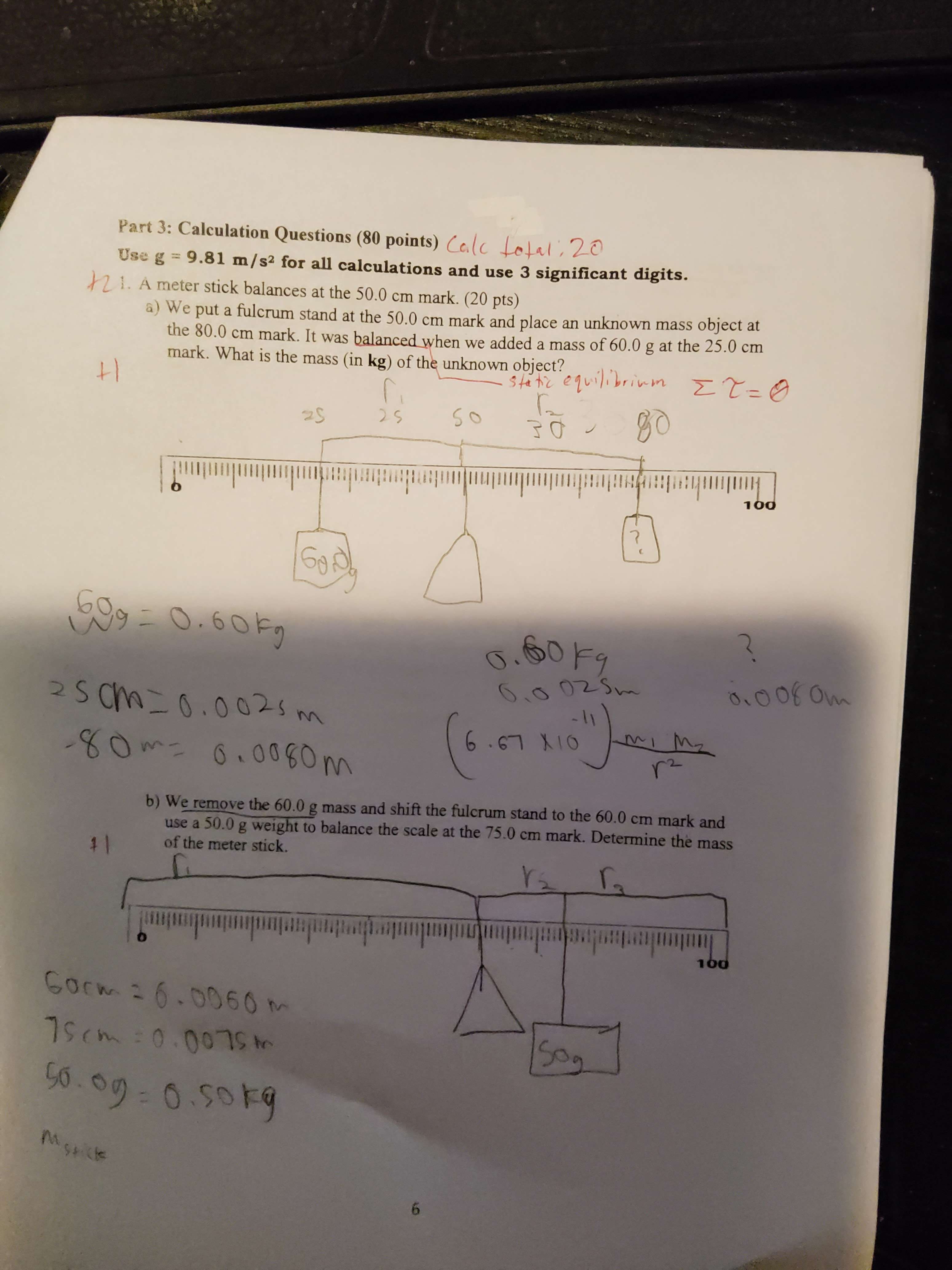 Solved A meter stick balances at the 50.0 cm mark.a) We put | Chegg.com
