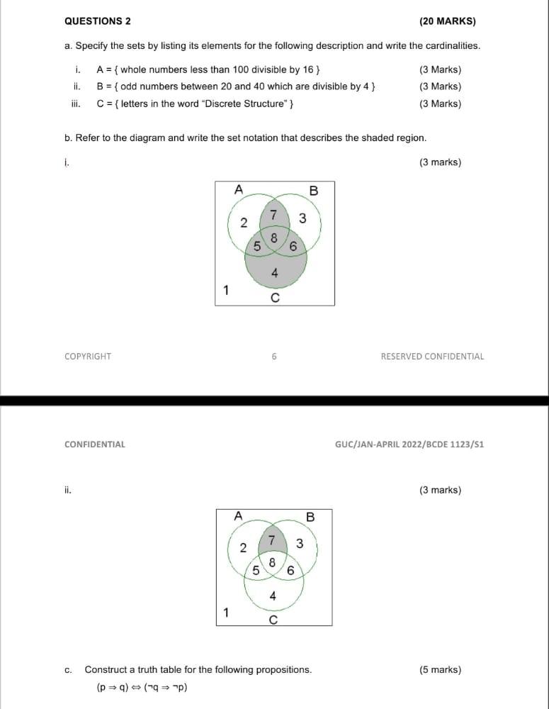 Solved QUESTIONS 2 (20 MARKS) a. Specify the sets by listing | Chegg.com