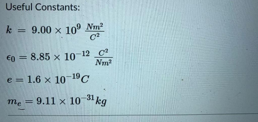 Solved Useful Constants: k = 9.00 x 109 Nm2 C2 €0 = 8.85 x | Chegg.com