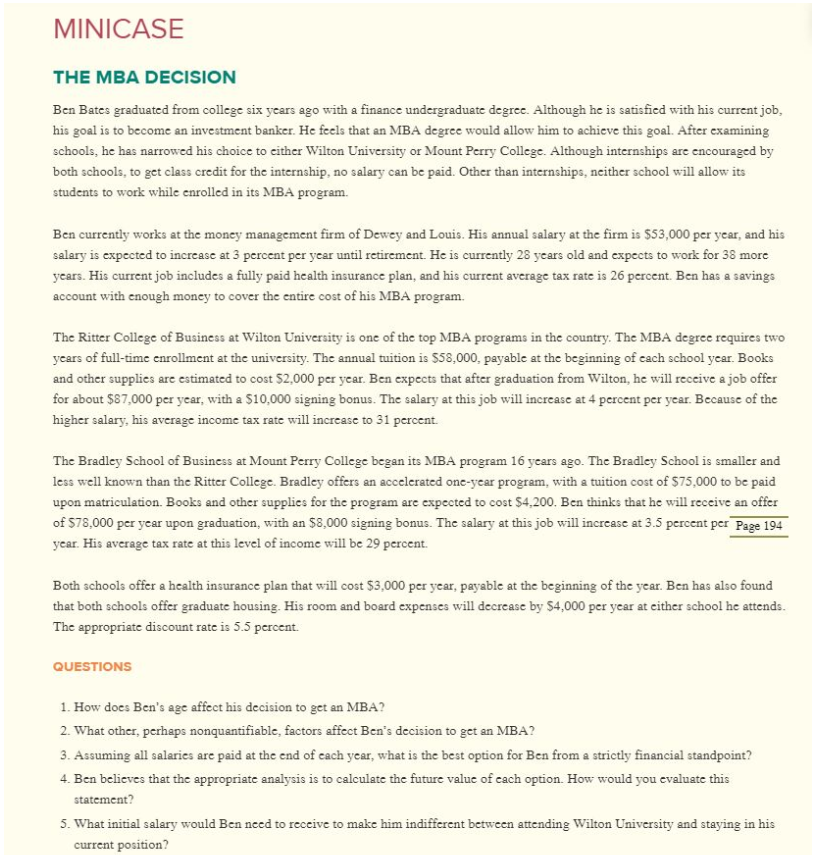 Solved MINICASE THE MBA DECISION Ben Bates Graduated From Chegg