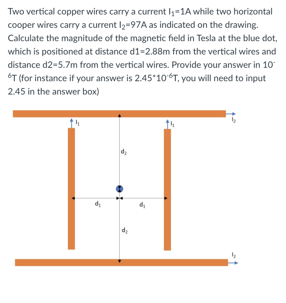 Solved Two vertical copper wires carry a current l1=1A while | Chegg.com