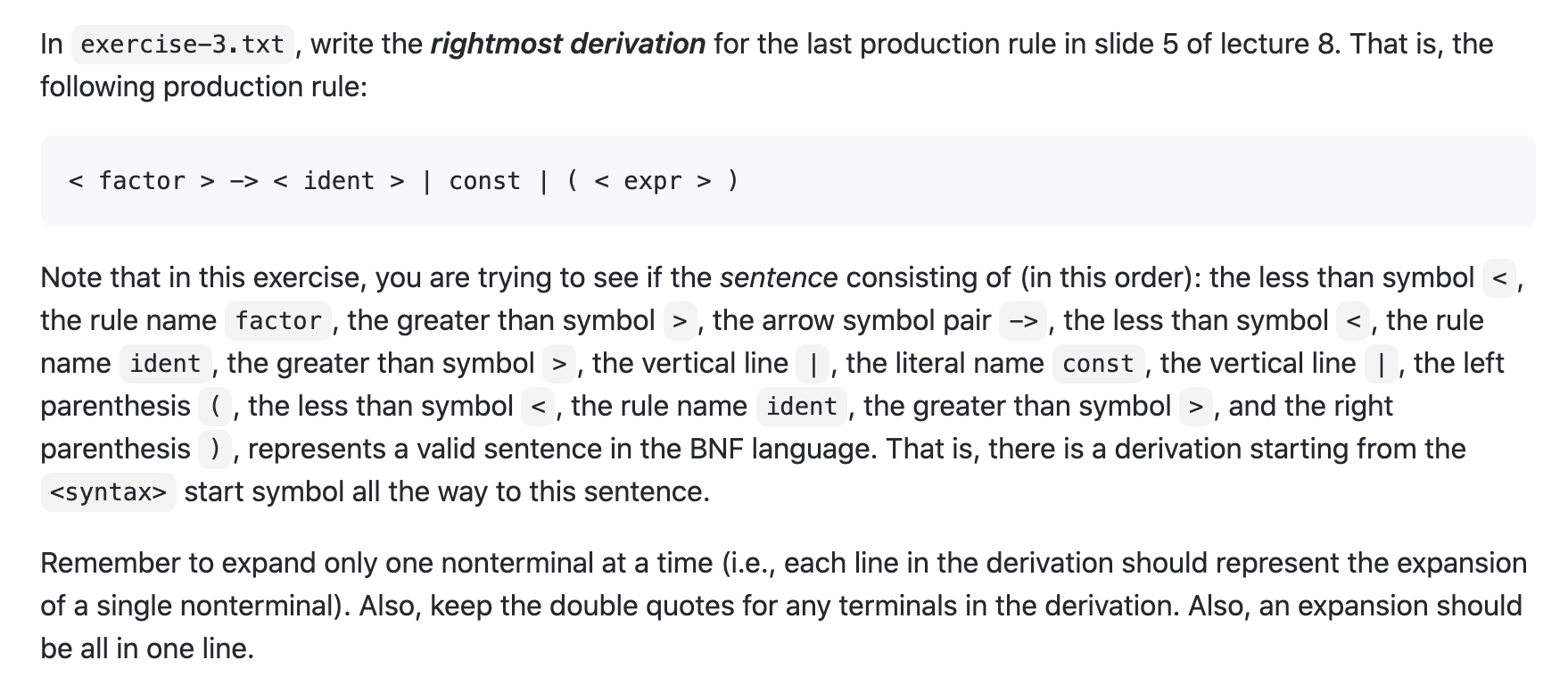 In exercise-3. txt, write the rightmost derivation | Chegg.com