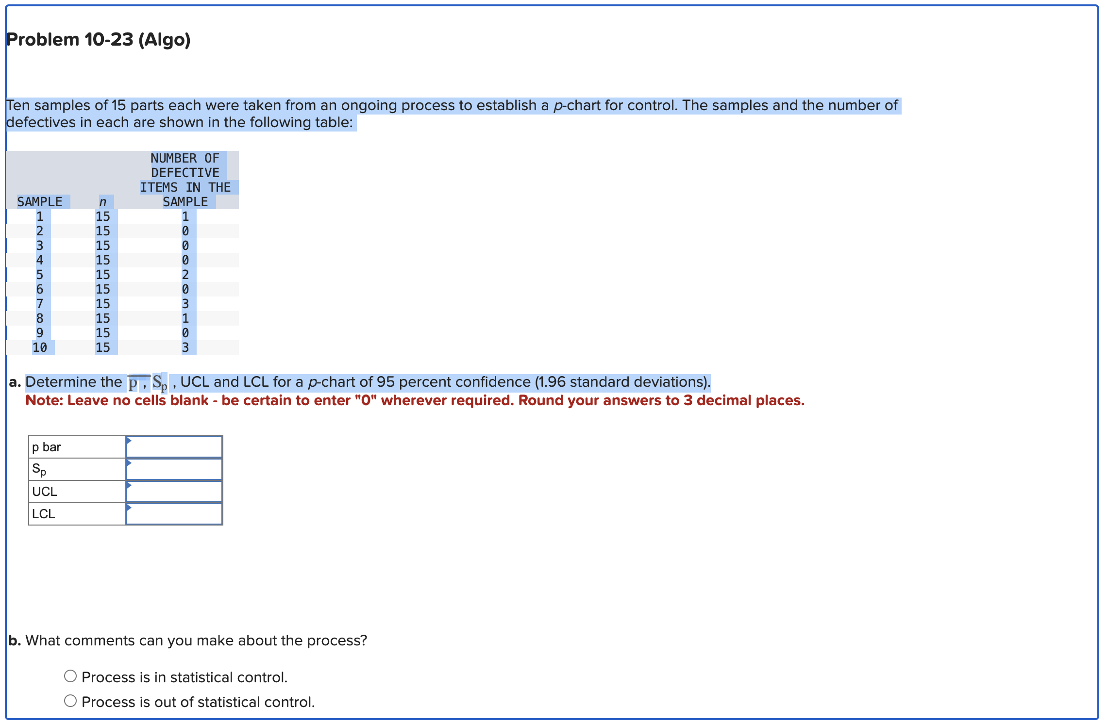 Solved Problem 10-23 (Algo)Ten samples of 15 ﻿parts each | Chegg.com