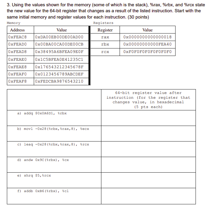 Solved 3. Using the values shown for the memory (some of | Chegg.com