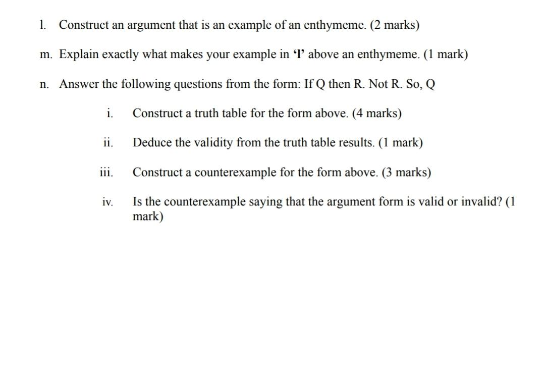 Solved 1. Construct an argument that is an example of an | Chegg.com