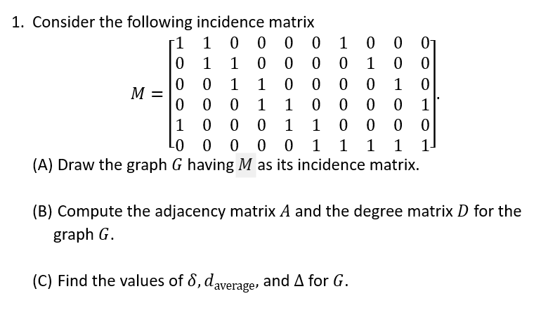 Solved 1. Consider the following incidence matrix | Chegg.com
