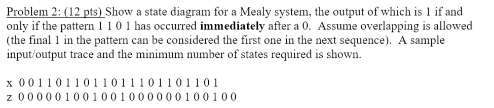 Solved Problem 2: (12 pts) Show a state diagram for a Mealy | Chegg.com