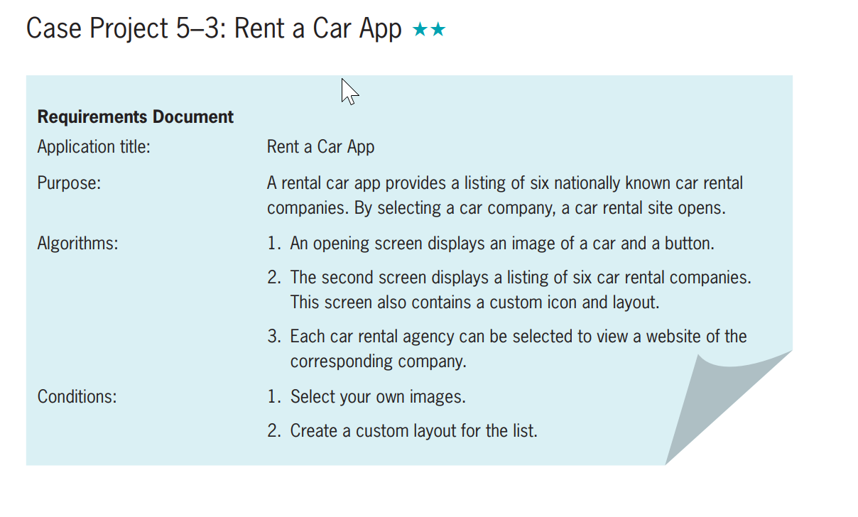 Solved Case Project 5-3: Rent a Car AppRequirements | Chegg.com