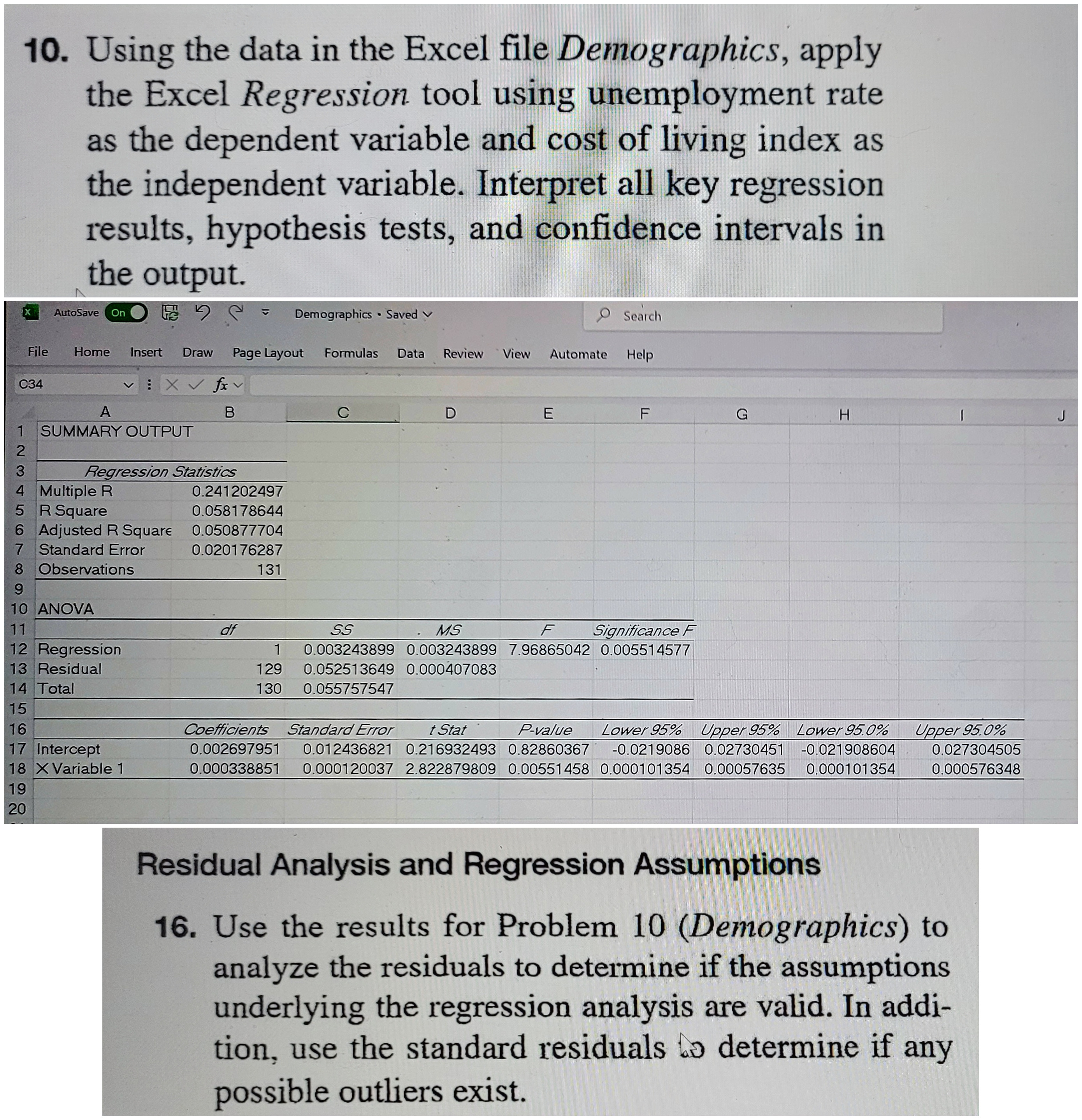 Solved 10. ﻿Using the data in ﻿the Excel file Demographics, | Chegg.com