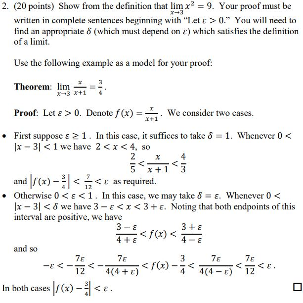 Solved 2. (20 points) Show from the definition that lim x2 = | Chegg.com