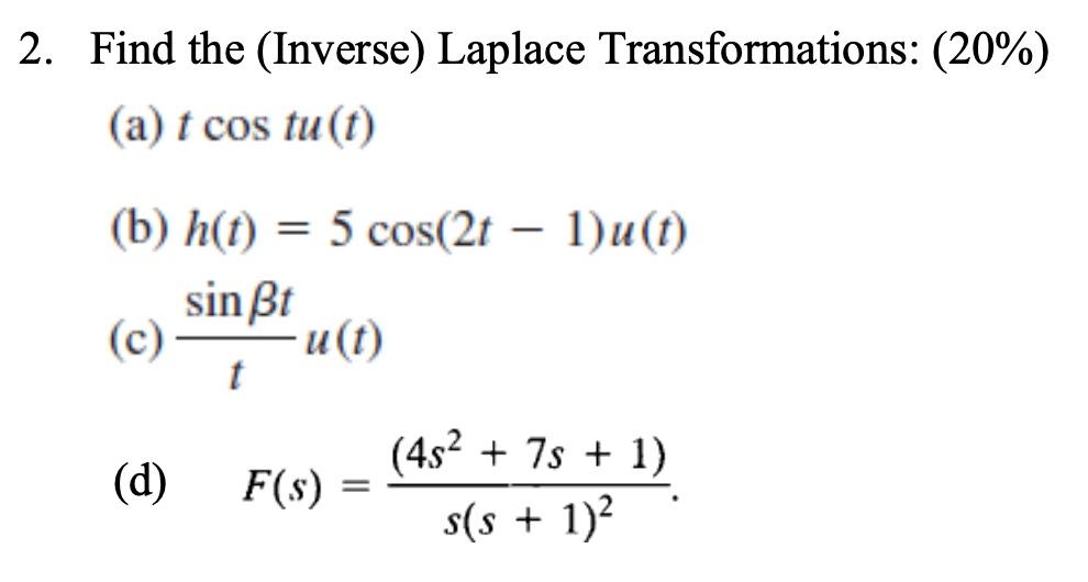 Solved 2. Find the (Inverse) Laplace Transformations: (20%) | Chegg.com