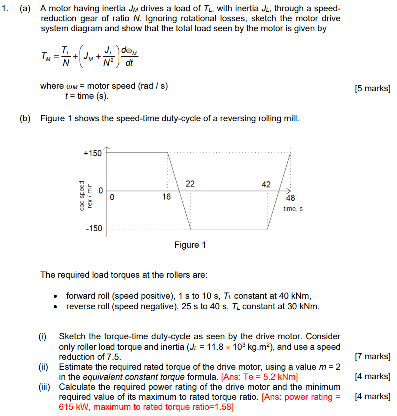 Solved 1. (a) A motor having inertia JM drives a load of TL, | Chegg.com