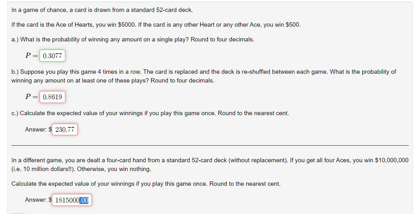 Solved In a game of chance, a card is drawn from a standard | Chegg.com