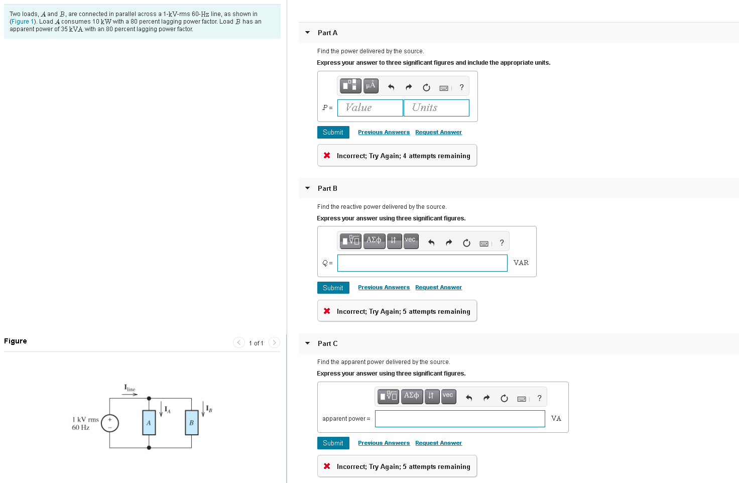 Solved Two loads, A and B, are connected in parallel across | Chegg.com