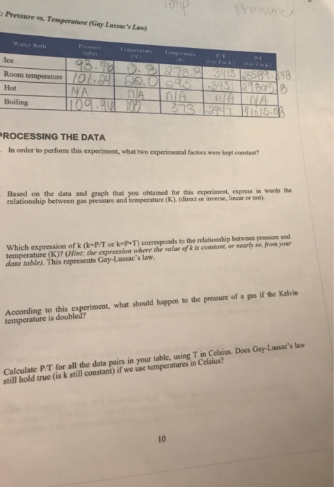Solved : Pressure vs. Temperature (Gay Lussac's Law) Water | Chegg.com