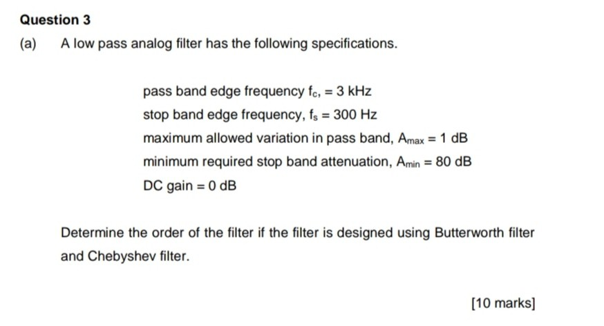 Solved Question 3 (a) A low pass analog filter has the | Chegg.com