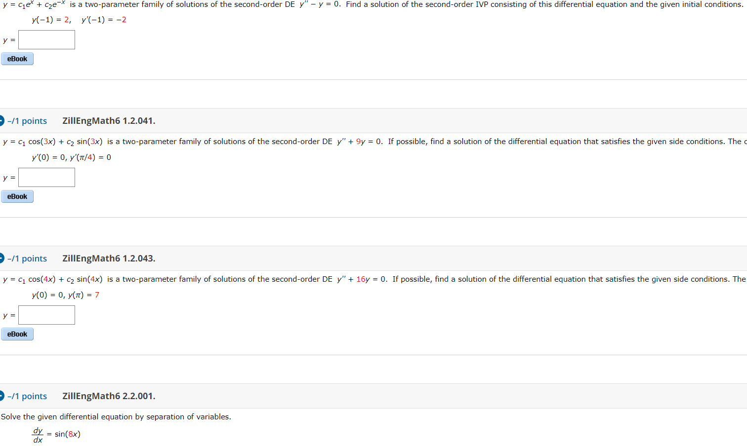 Solved y = ciet + c2e-X is a two-parameter family of | Chegg.com