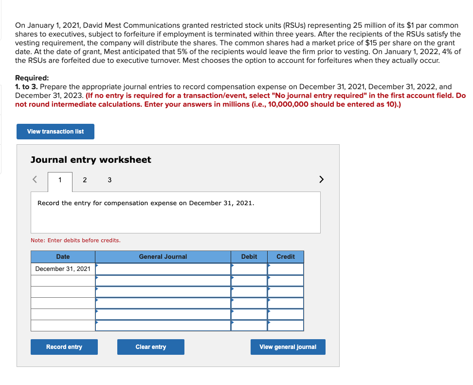 Solved On January 1, 2021, David Mest Communications granted | Chegg.com