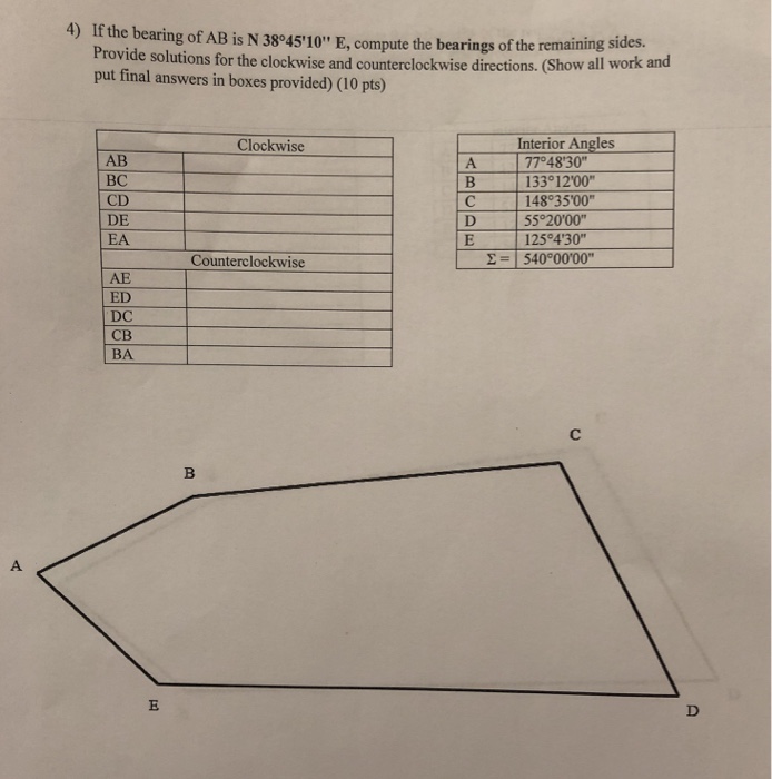 Solved 4) If the bearing of AB is N 38°45'10" E, compute the | Chegg.com