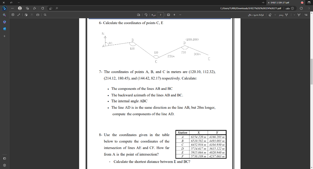 Solved 6- Calculate the coordinates of points C,E 7- The | Chegg.com