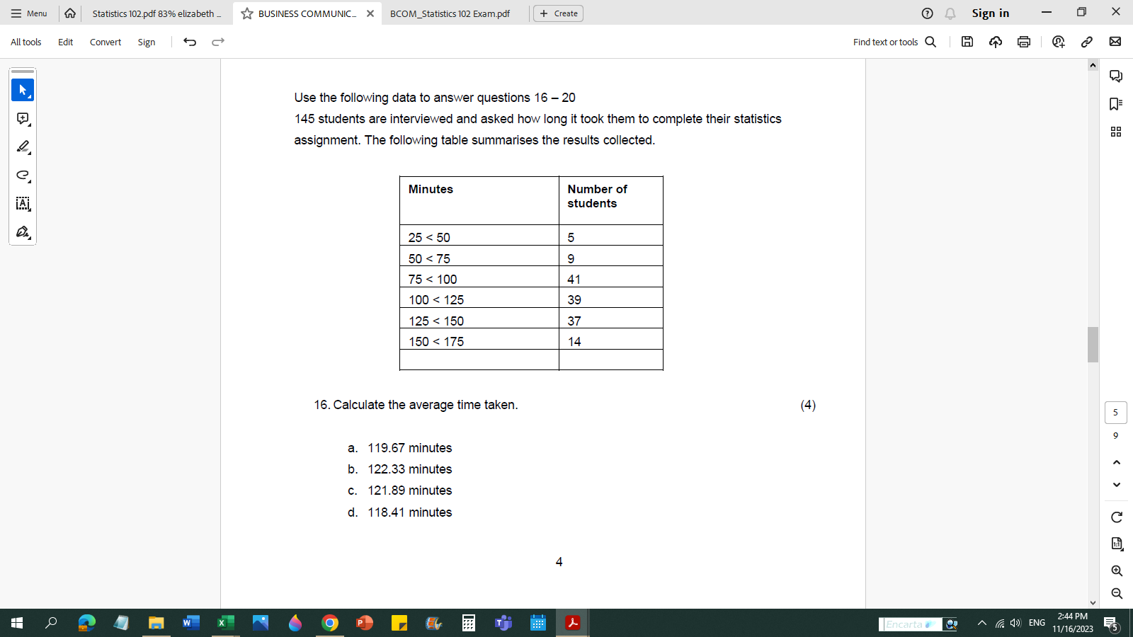Use the following data to answer questions 16−20 145 | Chegg.com