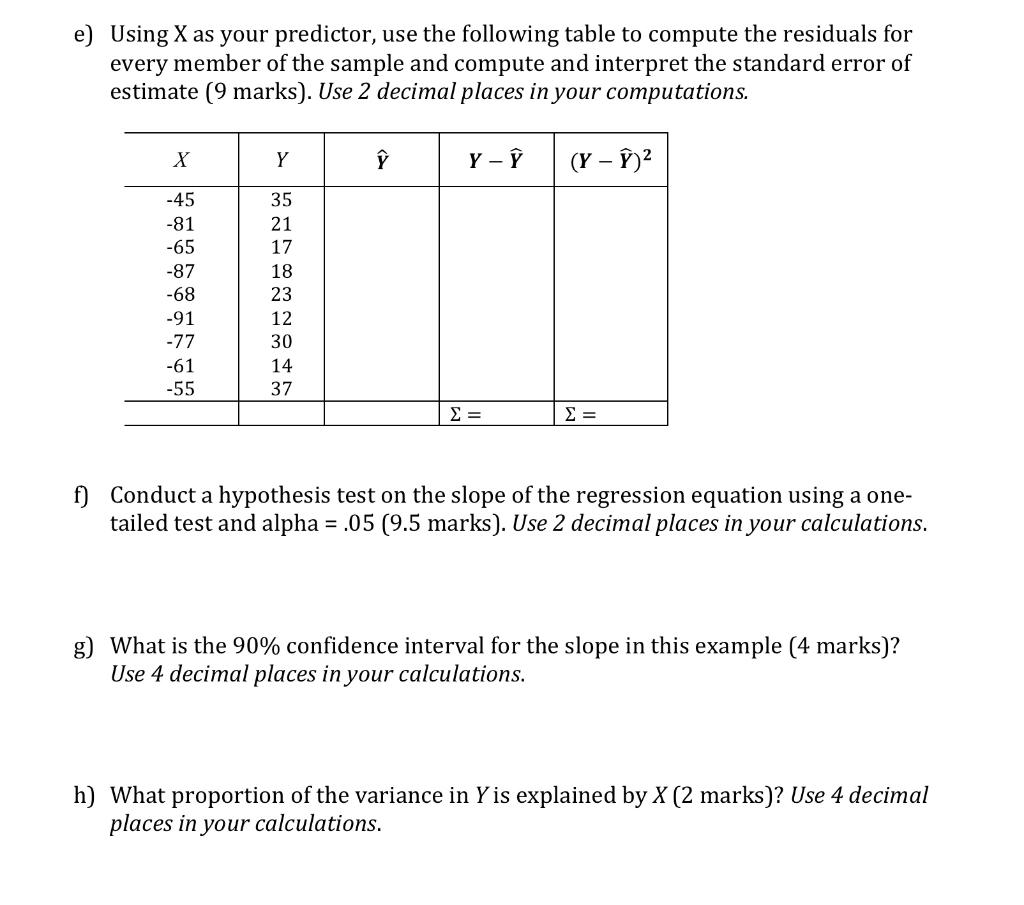 Solved e) Using X as your predictor, use the following table | Chegg.com