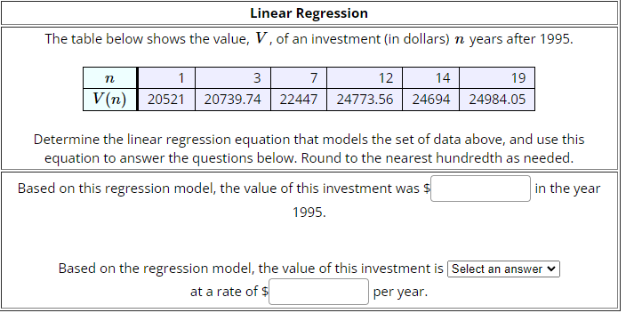 Solved Linear Regression The table below shows the value, V, | Chegg.com