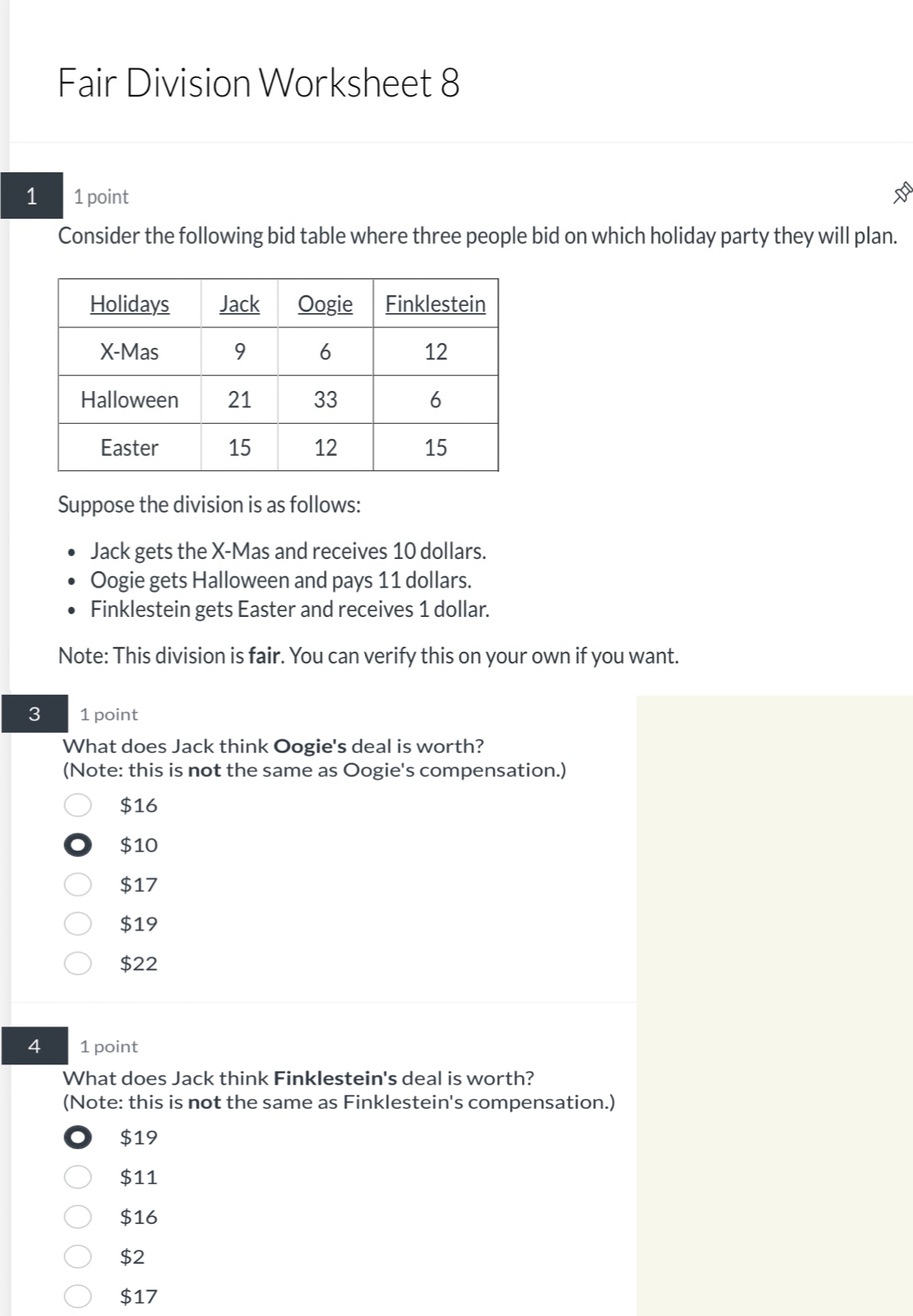 Solved Fair Division Worksheet 8 1 point Consider the | Chegg.com