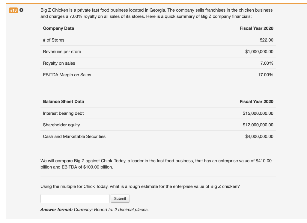 Solved #13 Big Z Chicken is a private fast food business | Chegg.com