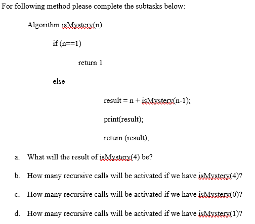 Solved For following method please complete the subtasks | Chegg.com