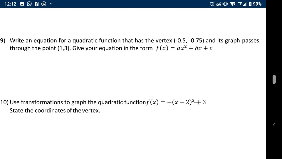 Solved 9) Write an equation for a quadratic function that | Chegg.com