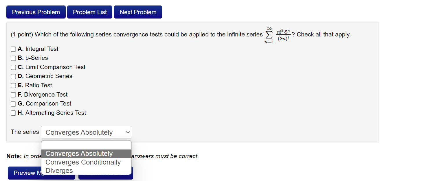 Solved (1 point) Which of the following series convergence | Chegg.com Solved (1 point) Which of the following series convergence | Chegg.com