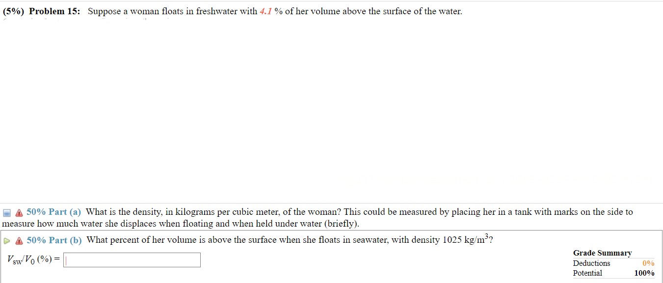 Solved (5\%) Problem 15: Suppose a woman floats in | Chegg.com