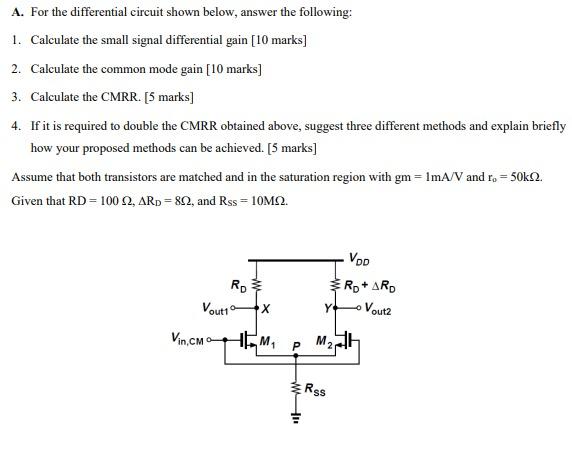 Solved A. For the differential circuit shown below, answer | Chegg.com