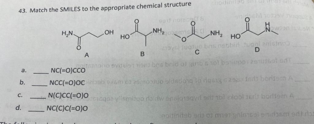 Solved 43. Match the SMILES to the appropriate chemical | Chegg.com