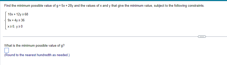 Solved Find the minimum possible value of g=5x+28y | Chegg.com