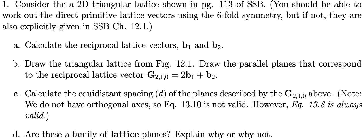 Solved 1. Consider the a 2D triangular lattice shown in pg. | Chegg.com