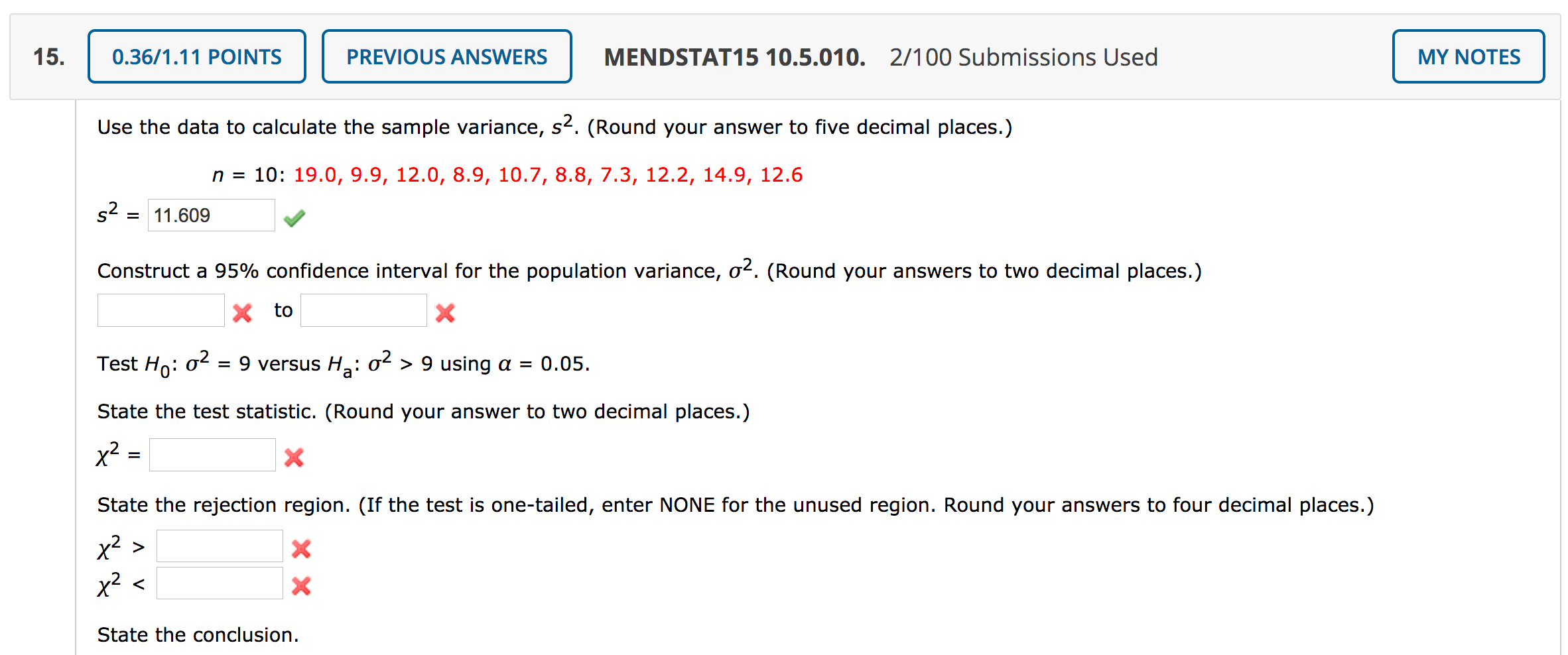 Solved Use the data to calculate the sample variance, s2. | Chegg.com